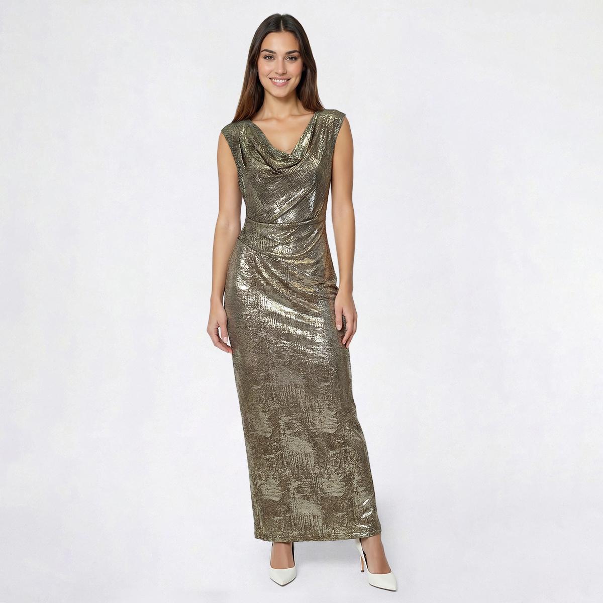 Click here for Womens Connected Apparel Drape Neck Metallic Eveni... prices